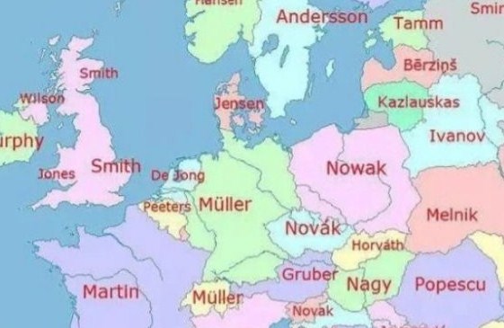Mapa najčešćih prezimena u zemljama Evrope